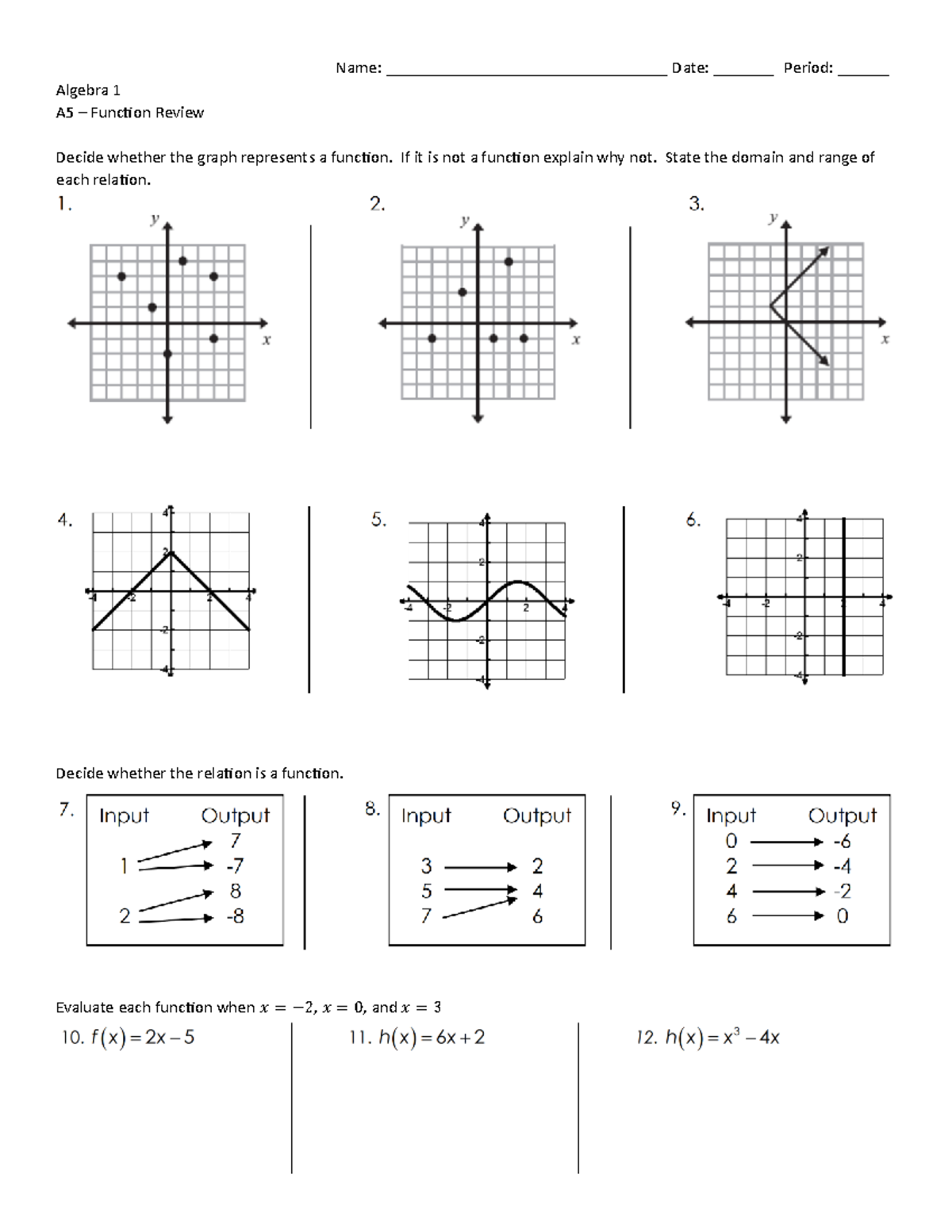Algebra 1 A5 – Function Review Worksheet - Name ...