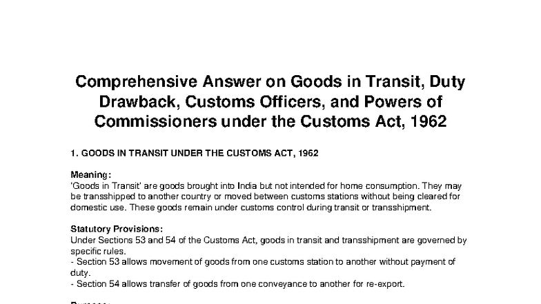 Customs Act 1962: Goods in Transit, Duty Drawback & Officers' Powers ...