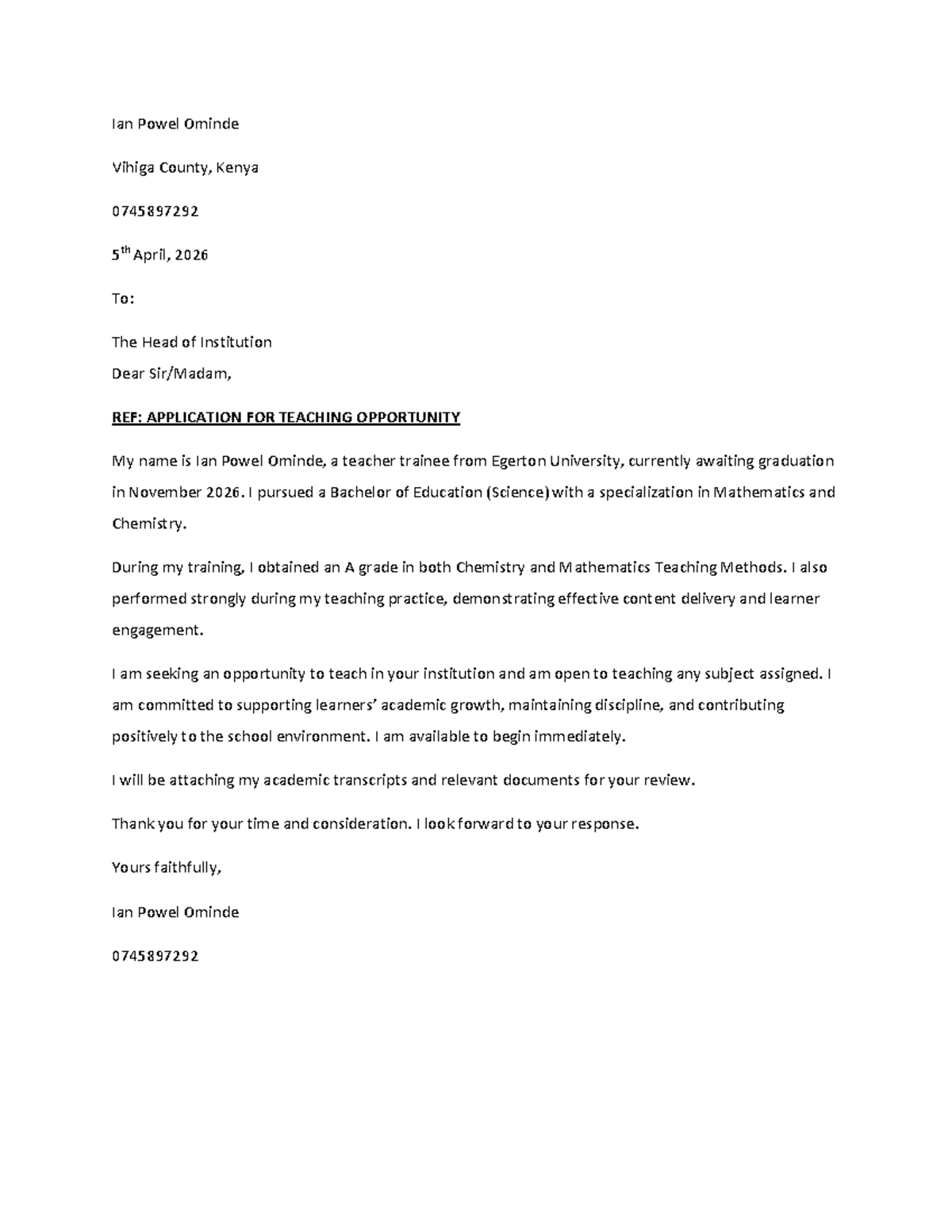 Application for Teaching Opportunity - Ian Powel Ominde - Studocu