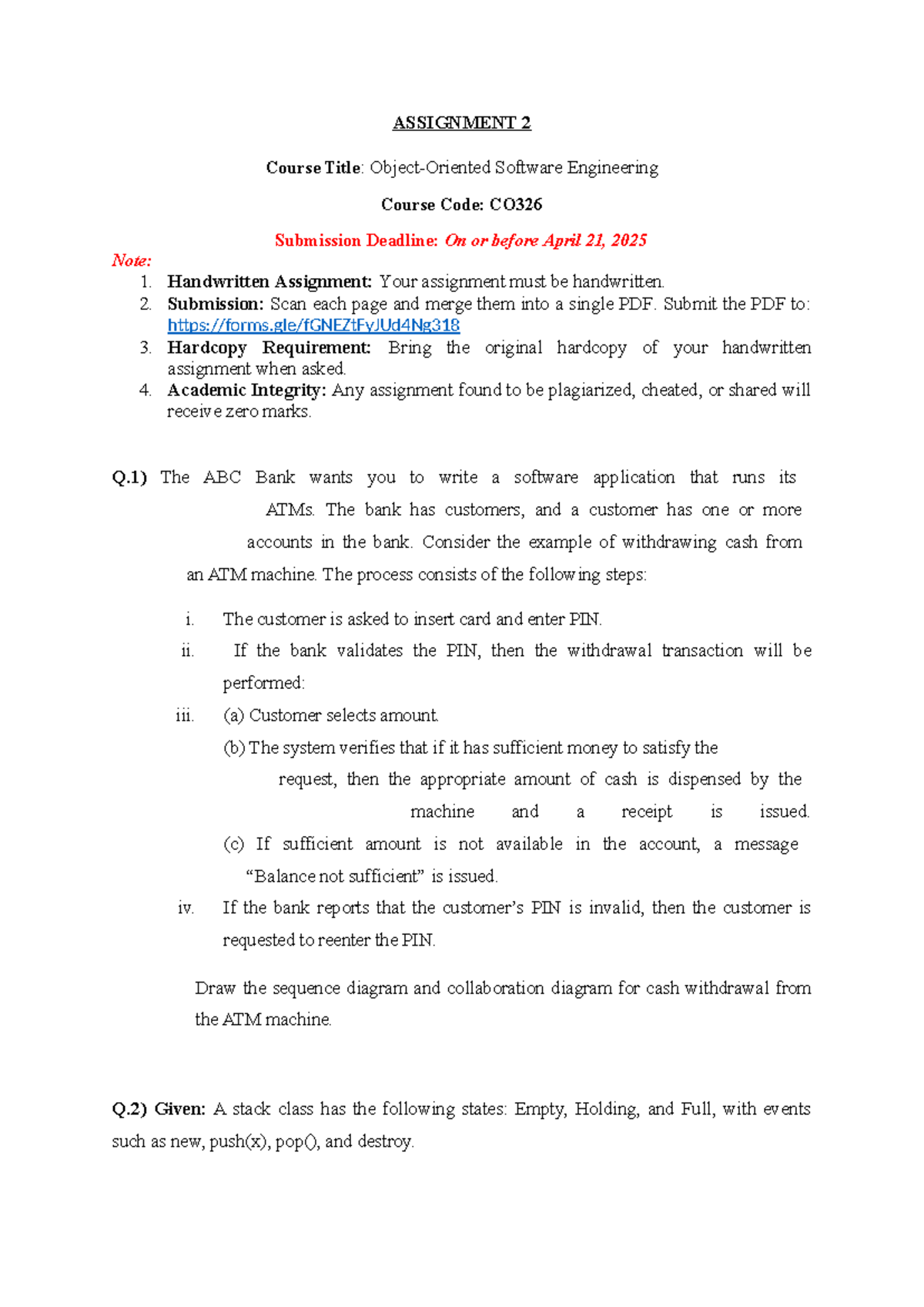 CO326 Software Engineering Assignment 2: ATM Software Application - Studocu