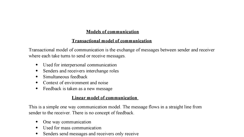Models of Communication: Transactional, Linear, and Interactional - Studocu