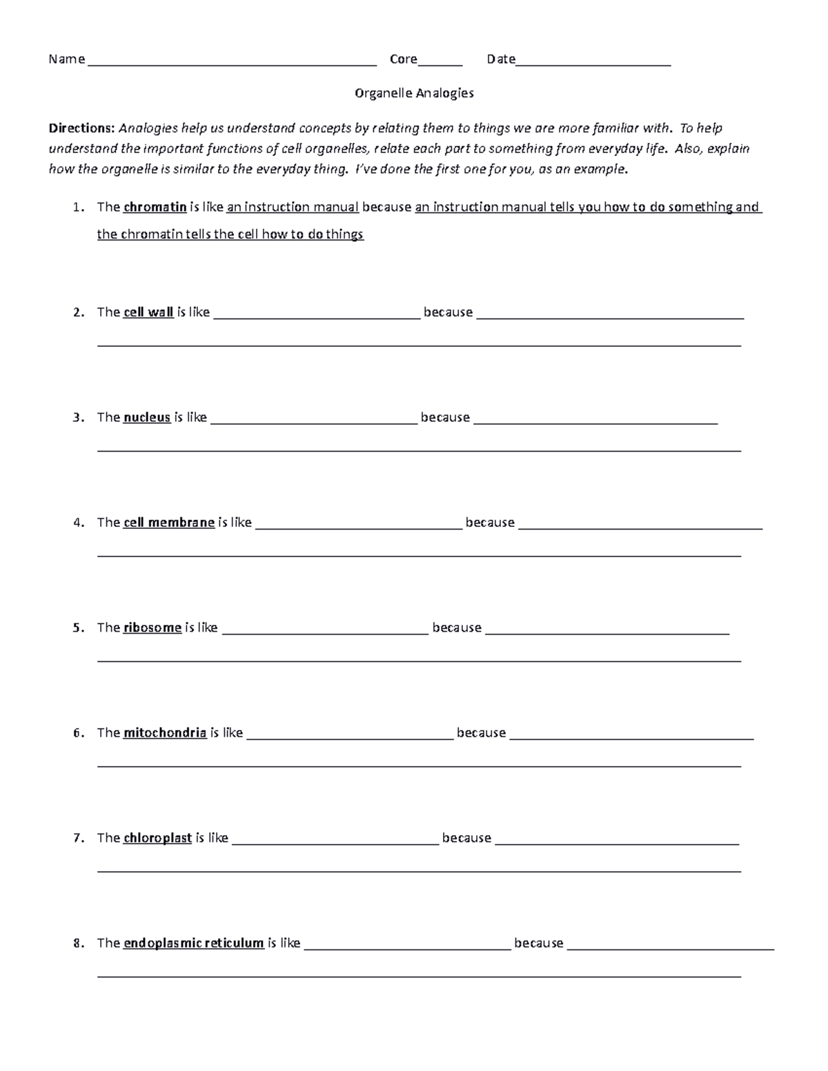 Cell parts analogy worksheet - Name ...