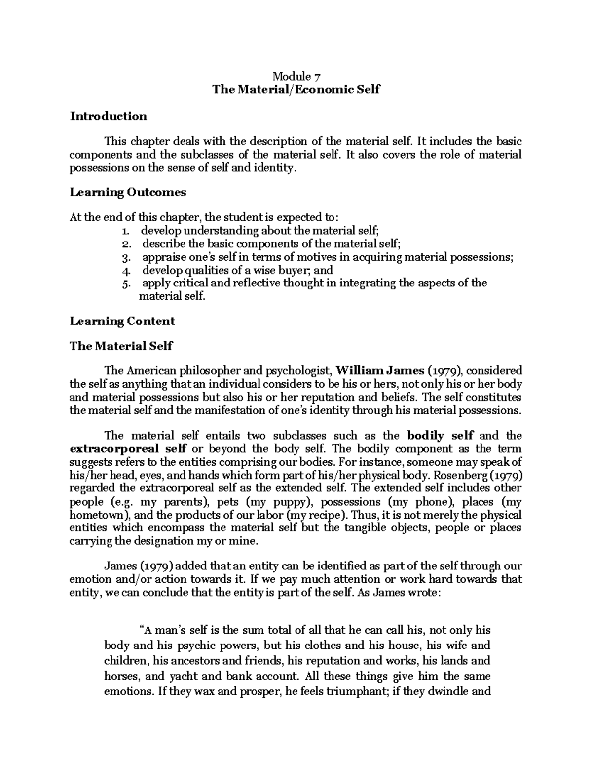 Chapter 7: Understanding the Material Self in Economics - Studocu
