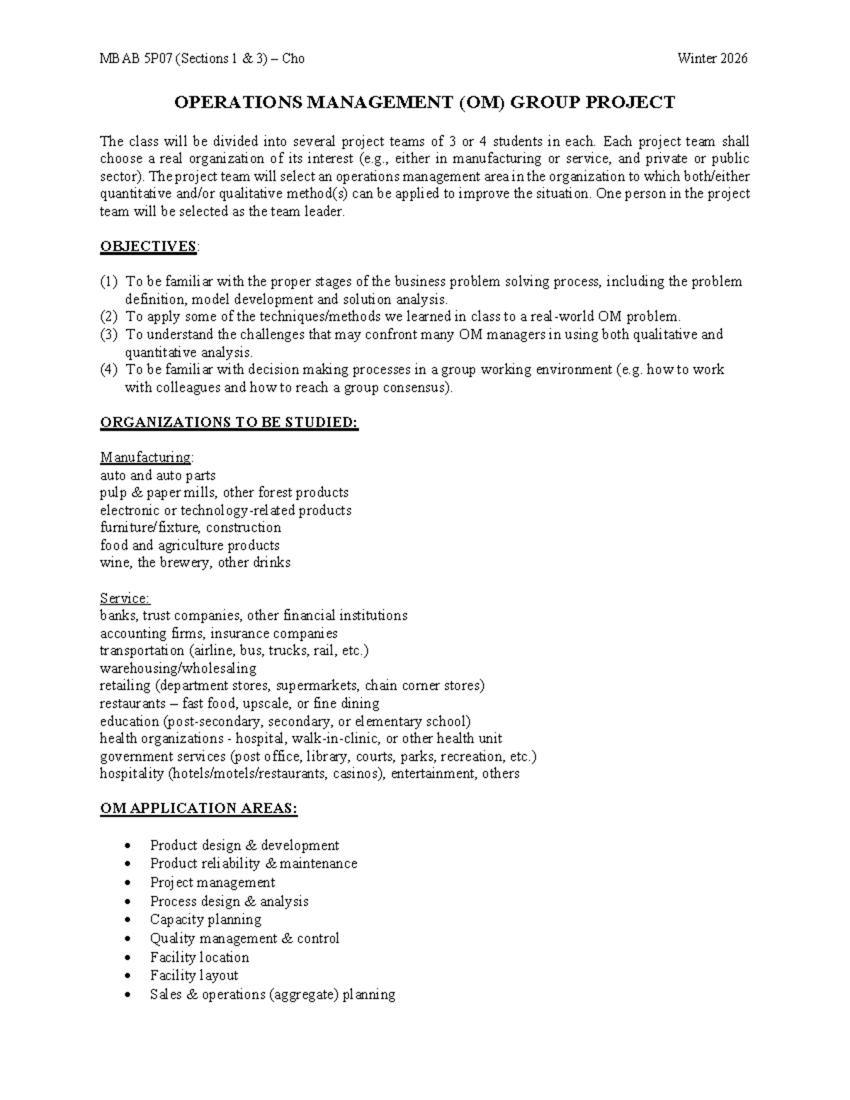 MBAB 5P07 Winter 2026 Operations Management Group Project Outline - Studocu