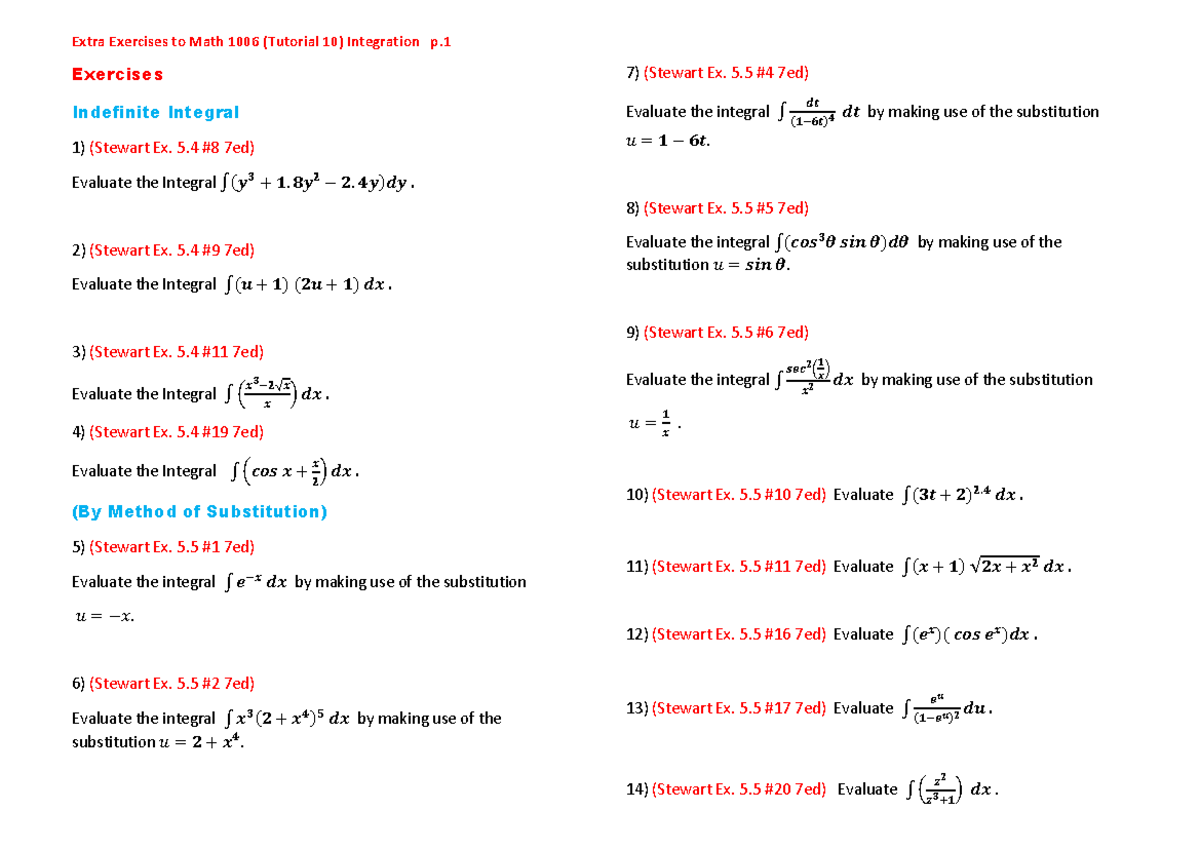 Extra Exercises for Math 1006: Integration Tutorial 10 - Studocu