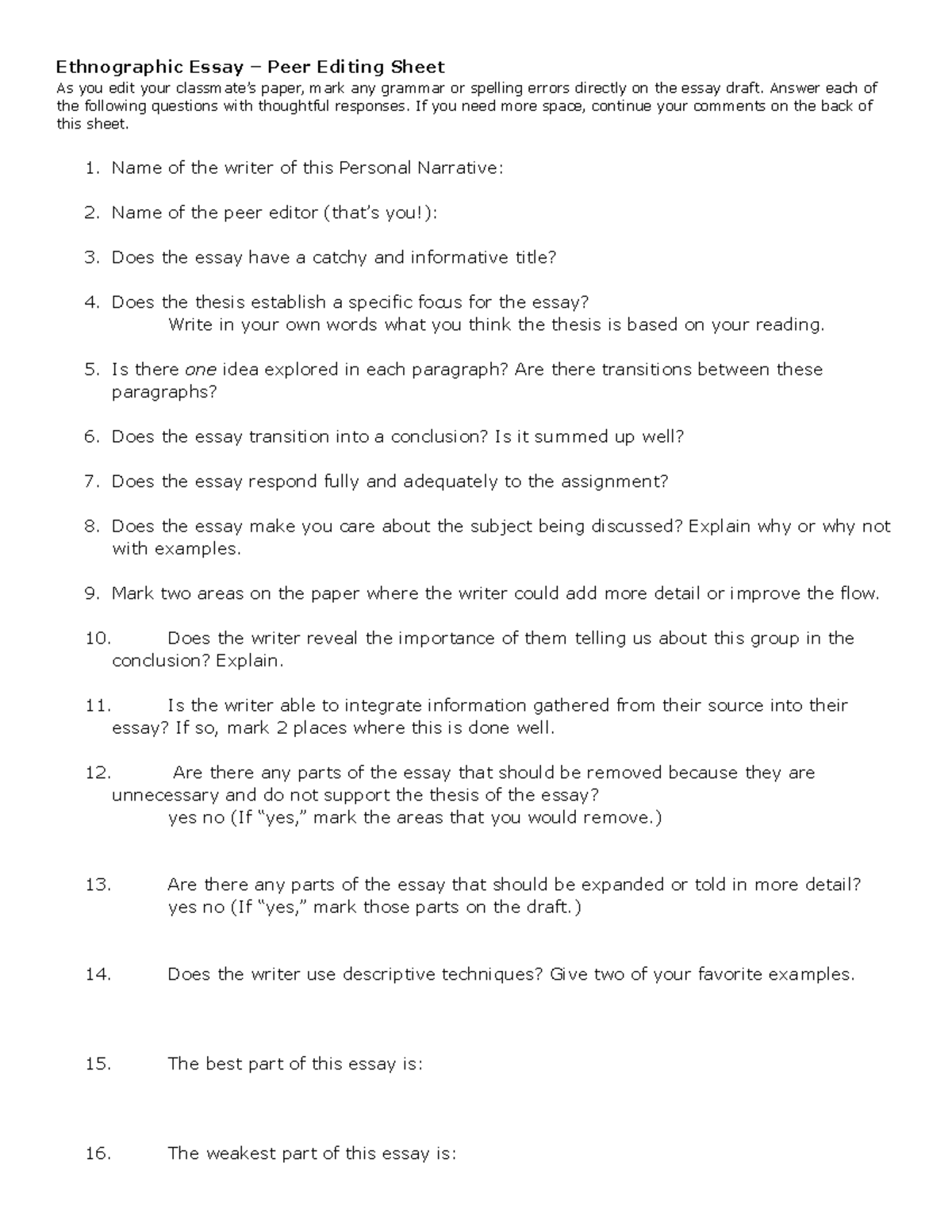 Peer Review Worksheet Essay 2 Ethnographic Essay - Ethnographic Essay ...