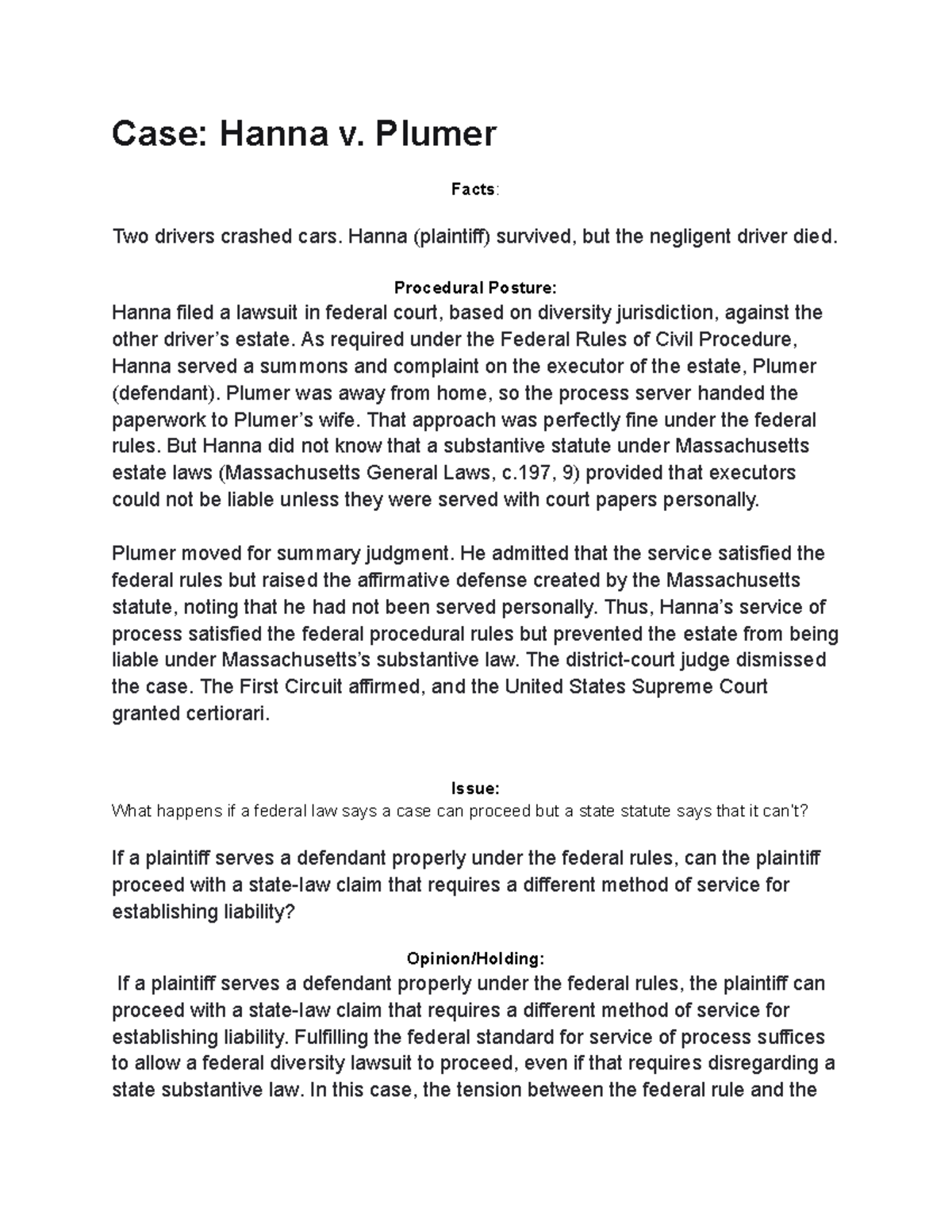 Hanna v. Plumer Case Study: Federal vs. State Service Rules - Studocu