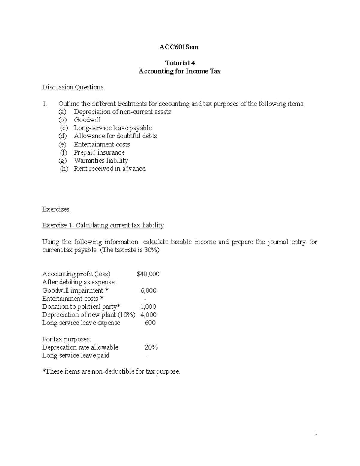 ACC601 Tutorial 4: Income Tax Accounting - Short Questions & Exercises - Studocu