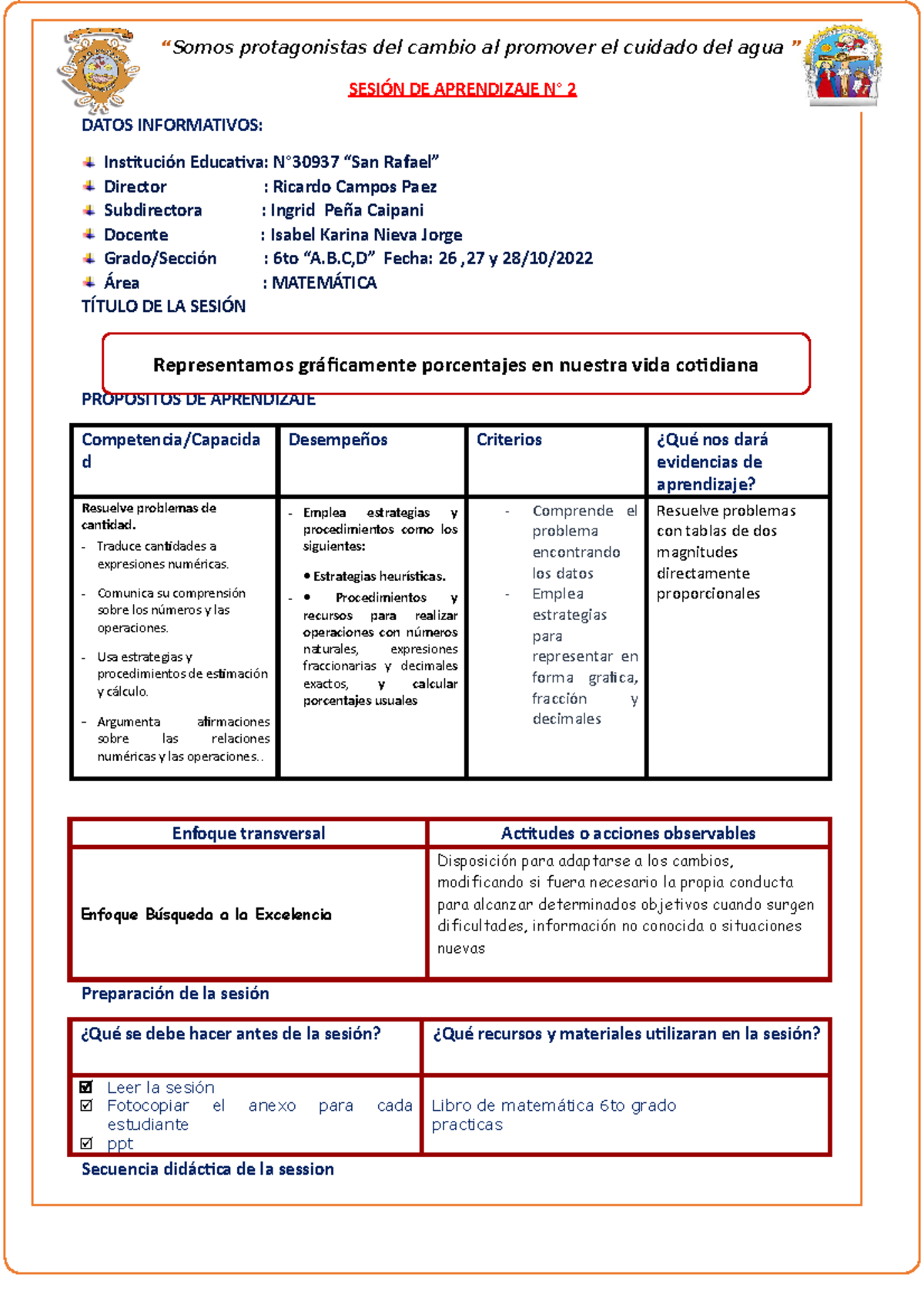 6to grado Matemática 26 ,27 y 28 octubre - SESIÓN DE APRENDIZAJE N° 2 ...