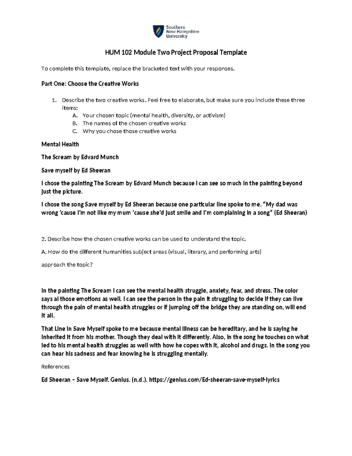 HUM 102 Module Two Project Proposal: Mental Health & Creative Works ...