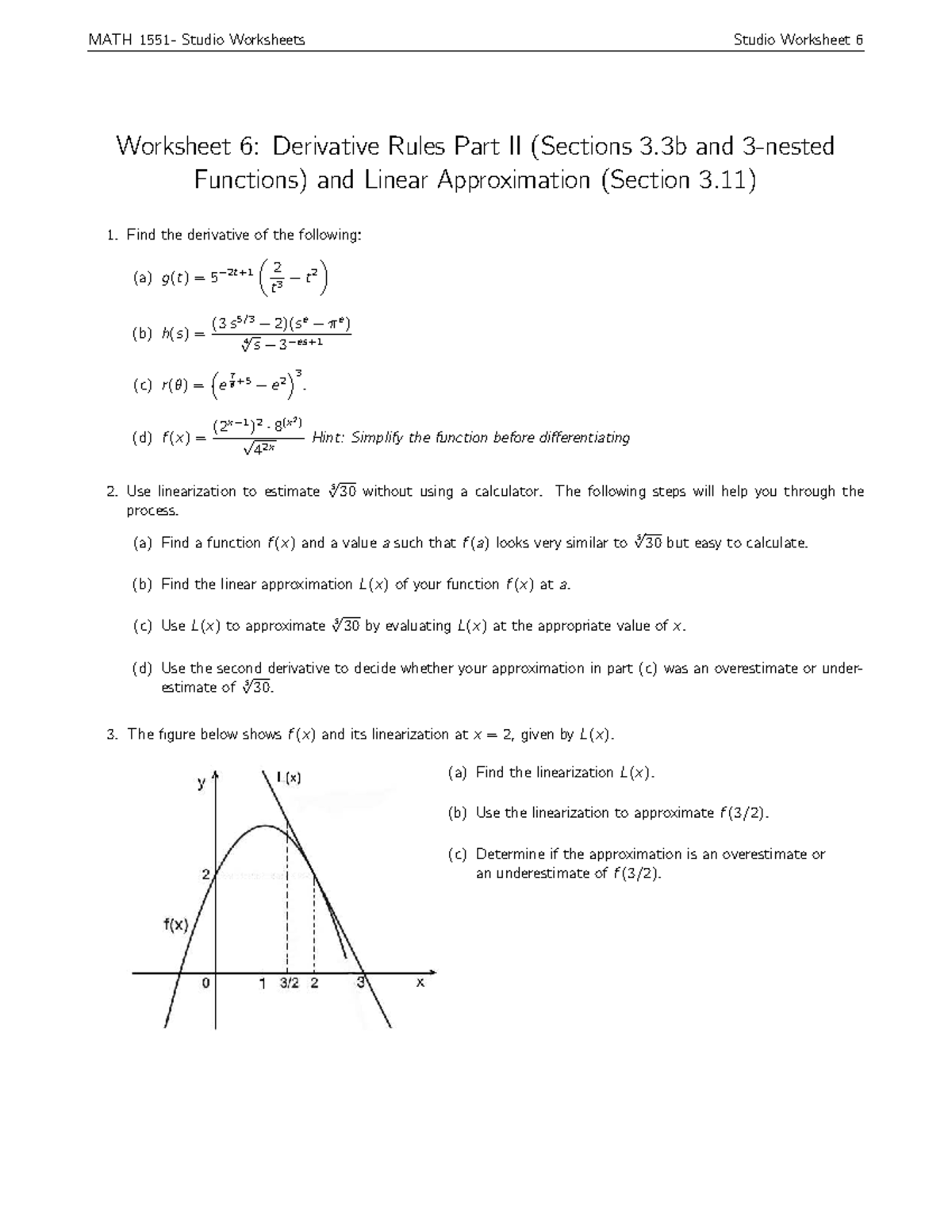 MATH 1551 Worksheet 6: Derivative Rules & Linear Approximation - Studocu