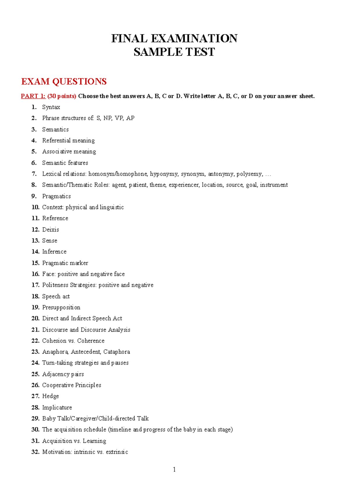 Intro to Ling: Final Exam Sample Test Questions Part 1 & 2 - Studocu