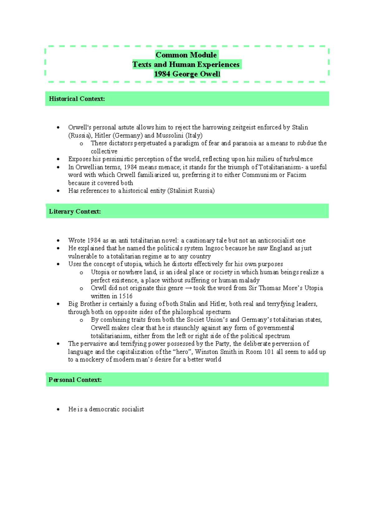 Common Module: Insights into Human Experiences in 1984 Notes - Studocu