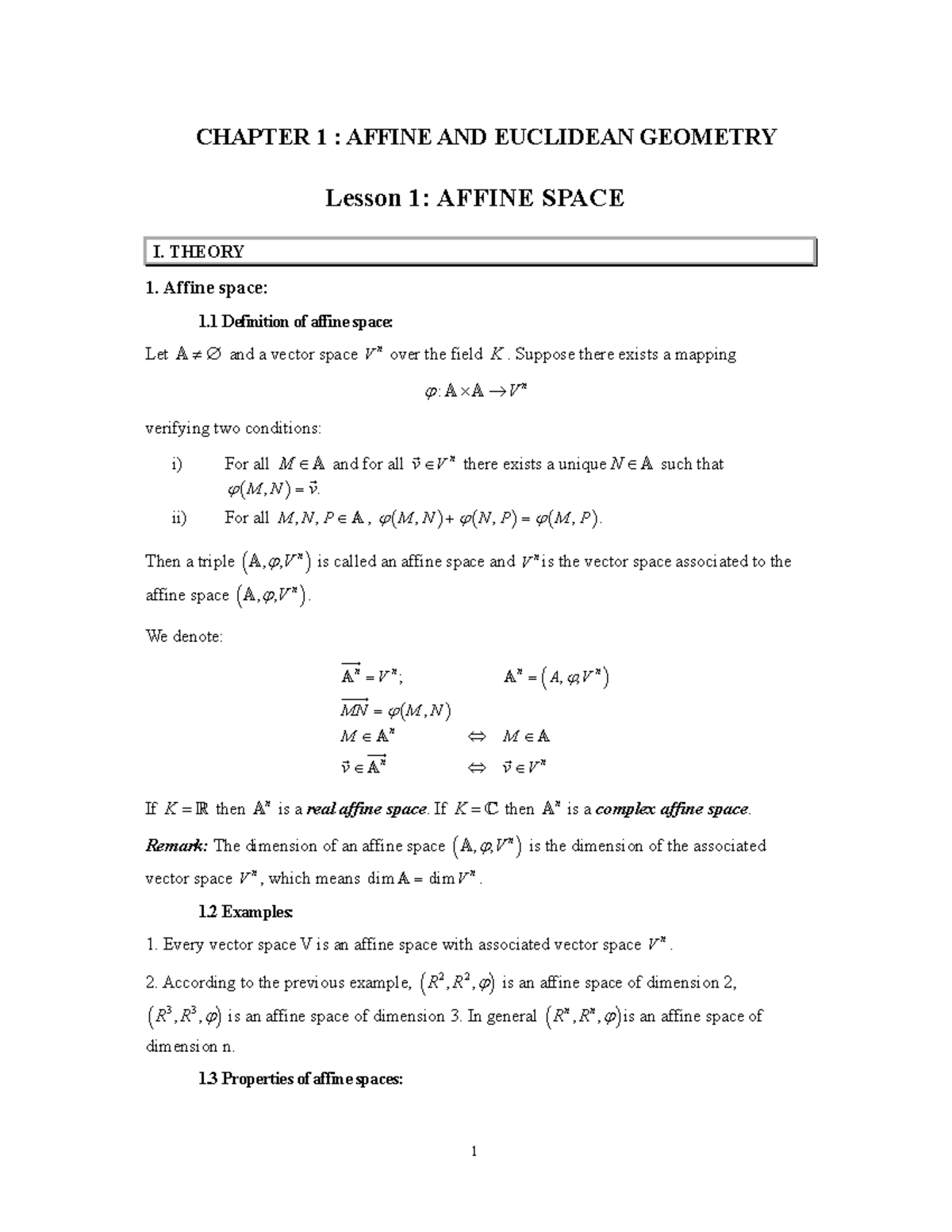 Chapter 1 - Lesson 1: Affine Geometry Concepts (TIẾNG ANH) - Studocu