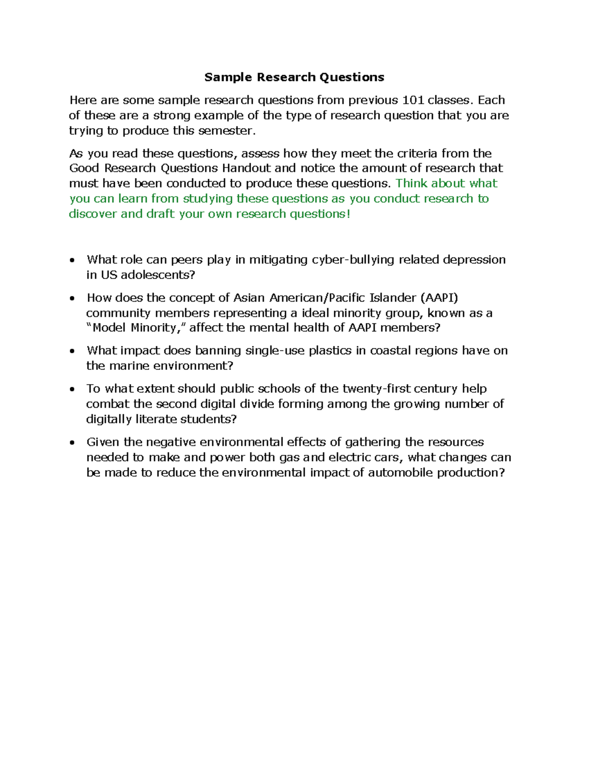 Sample 101 Research Questions for Effective Inquiry - Studocu