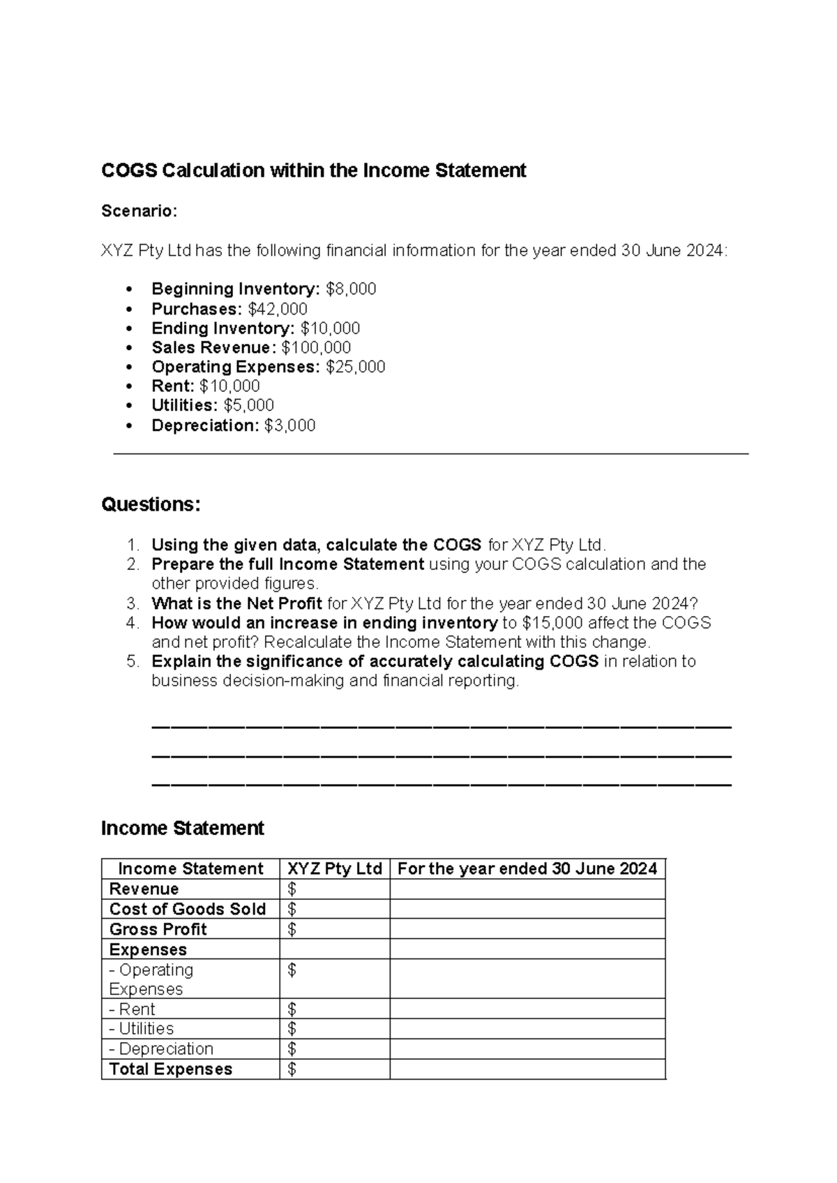 Finance COGS & Income Statement Revision Questions 2024 - Studocu