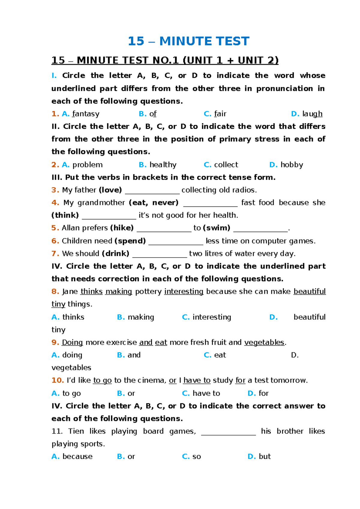 15-Minute Test 1: Unit 1 & 2 Practice Questions and Exercises - Studocu
