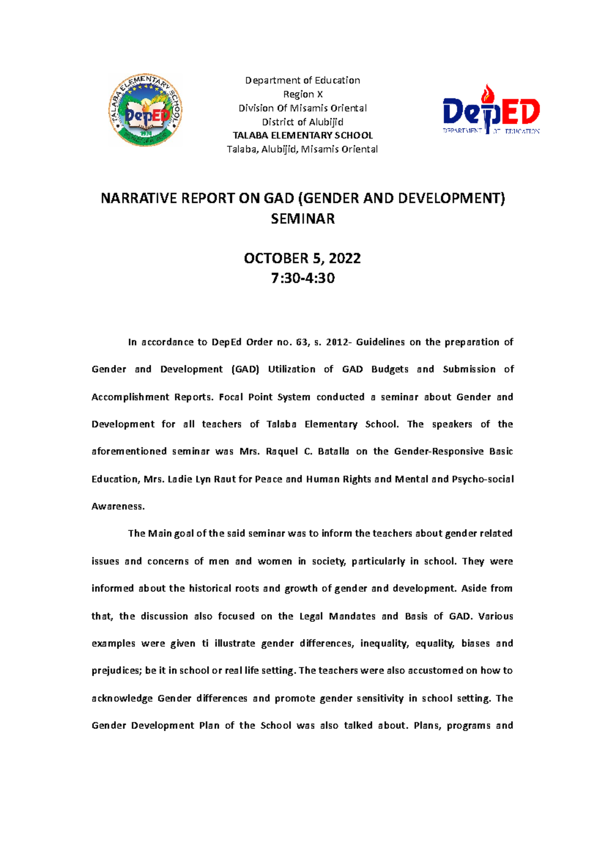 GAD Seminar Narrative Report - Talaba Elementary School - Studocu