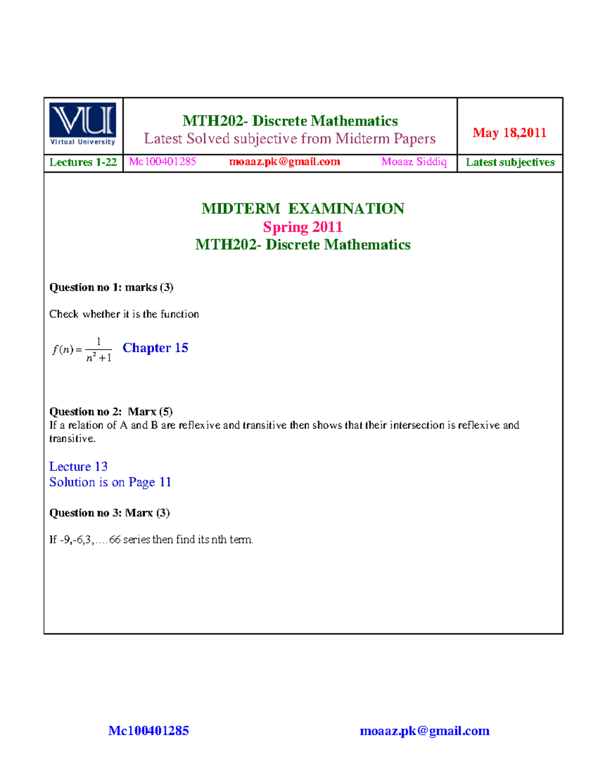 MTH202 - Midterm Subjectives Solved With References by Moaaz - ####### MTH202- Discrete ...