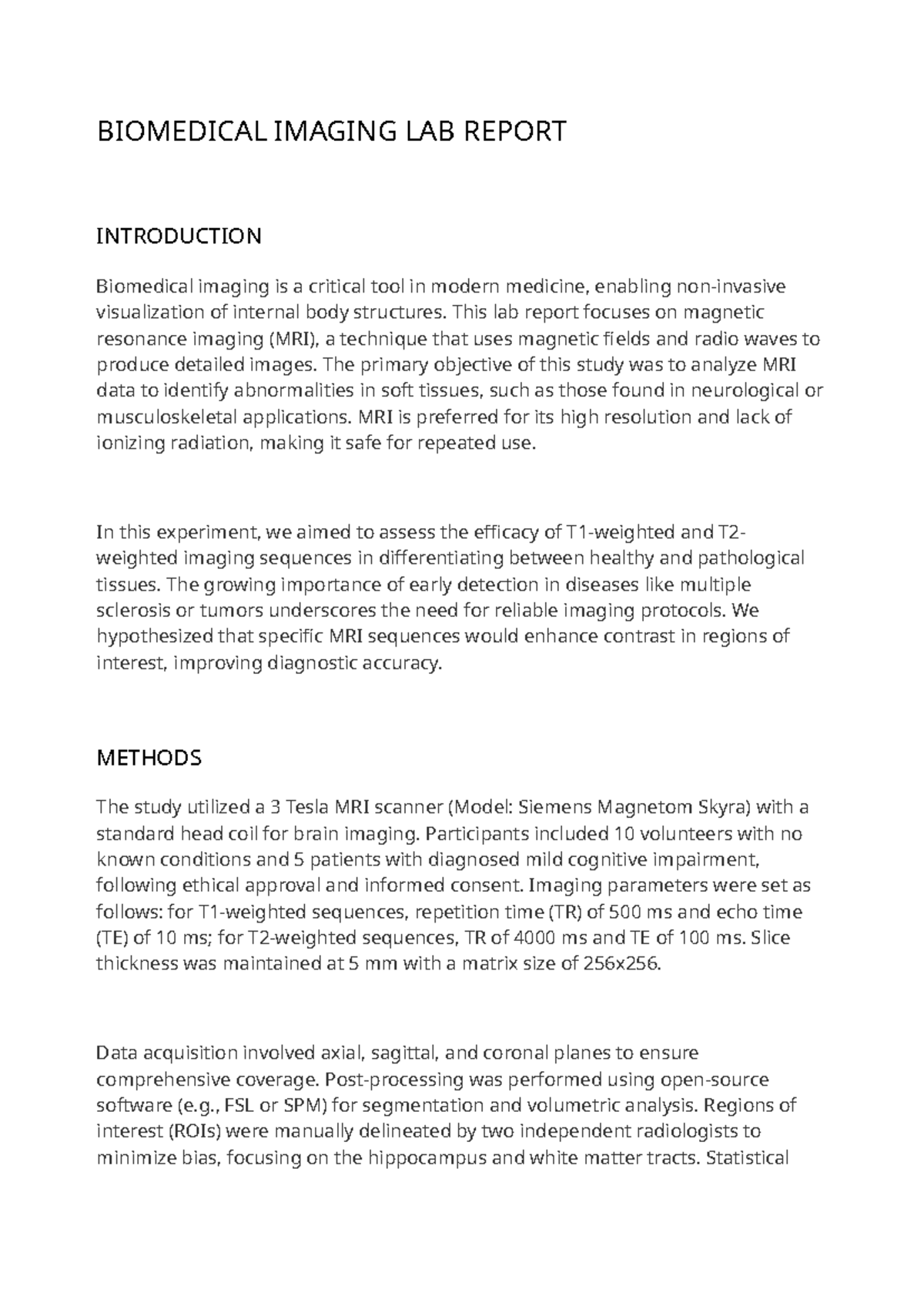 BIOMEDICAL IMAGING LAB REPORT: MRI Analysis of Soft Tissue ...