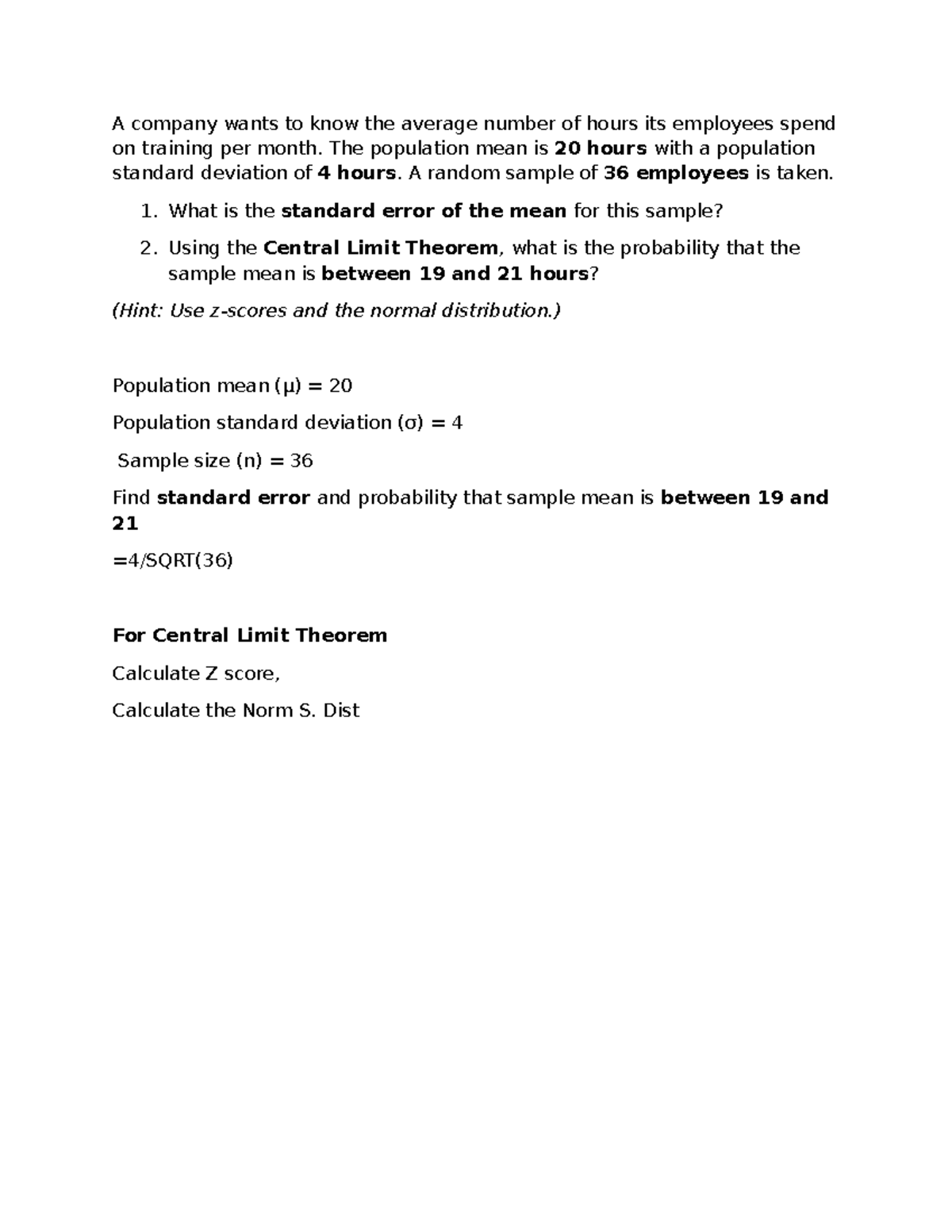 Stats 1: Standard Error & Probability Using CLT for Employee Training ...