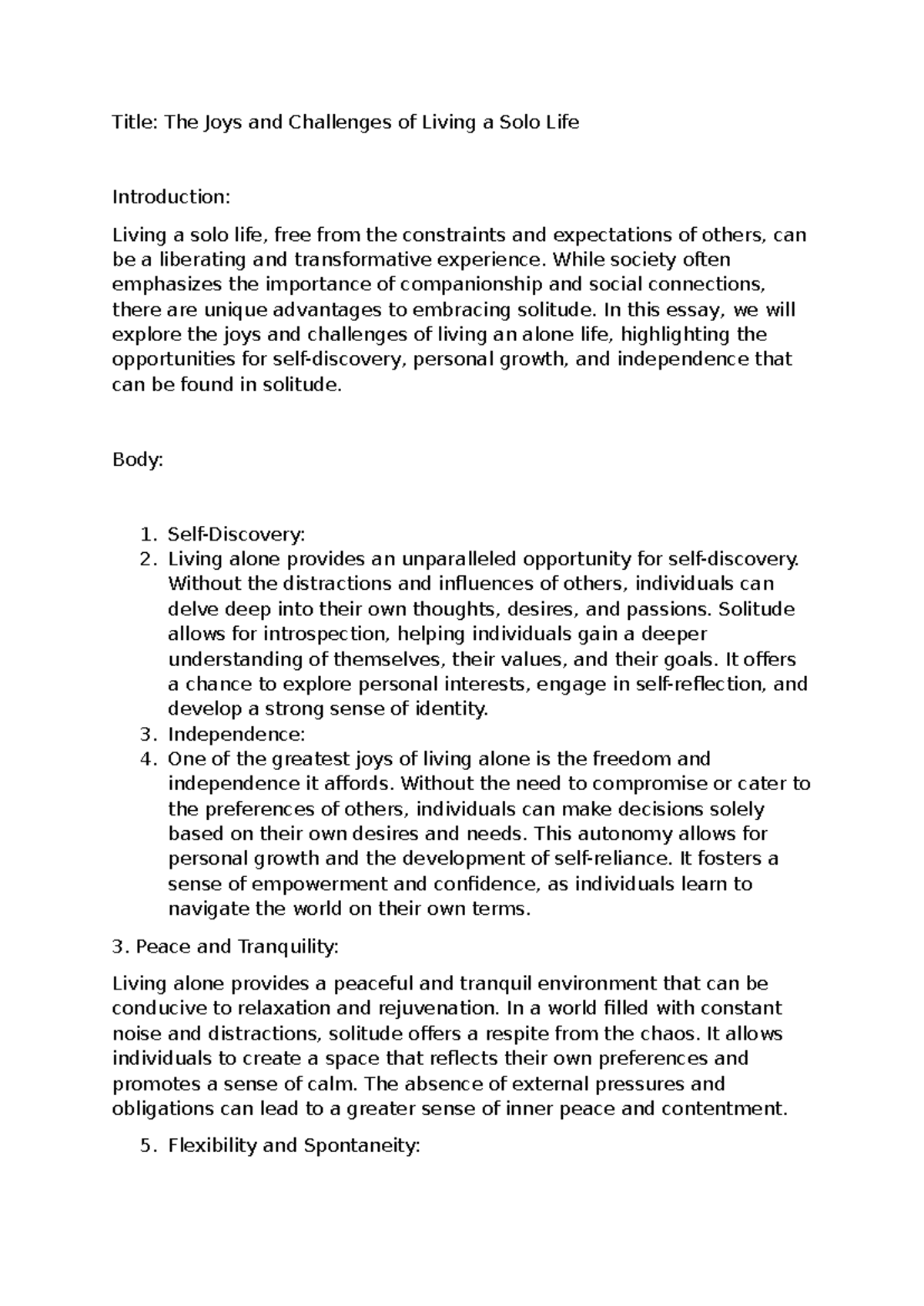Essay in alone life - Title: The Joys and Challenges of Living a Solo ...
