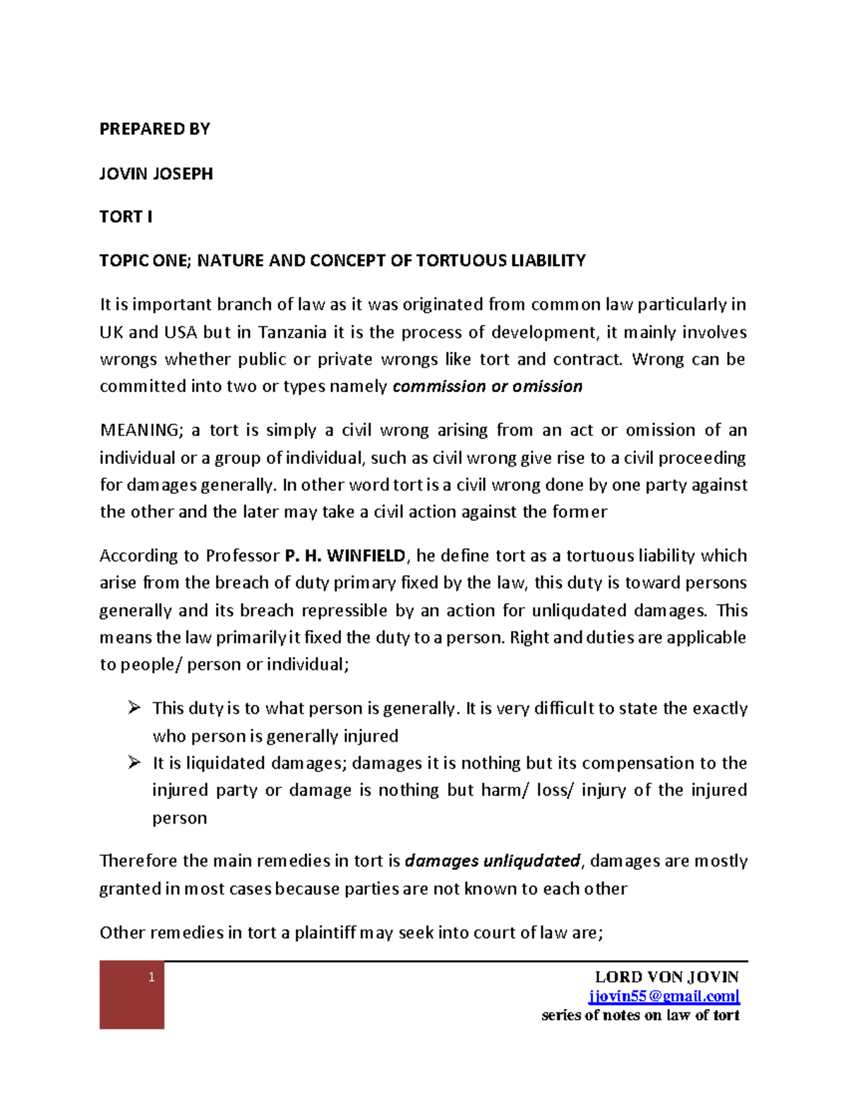 TORT LAW I - Understanding Tortuous Liability and Remedies in Tanzania ...