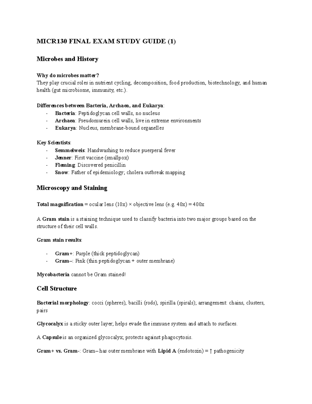 MICR130 Final Exam Study Guide: Essential Microbiology Concepts - Studocu