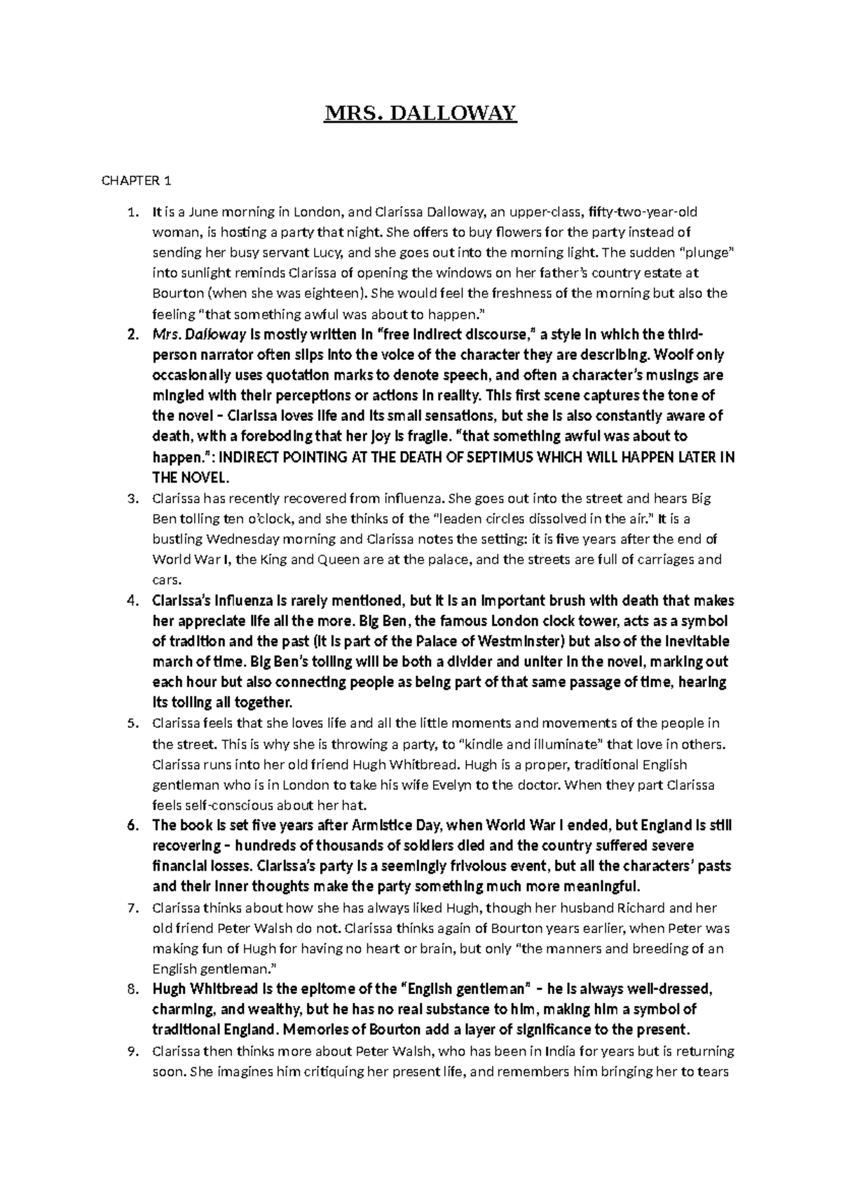 MRS. DALLOWAY CHAPTER 1: Analyzing Clarissa's Morning Reflections - Studocu