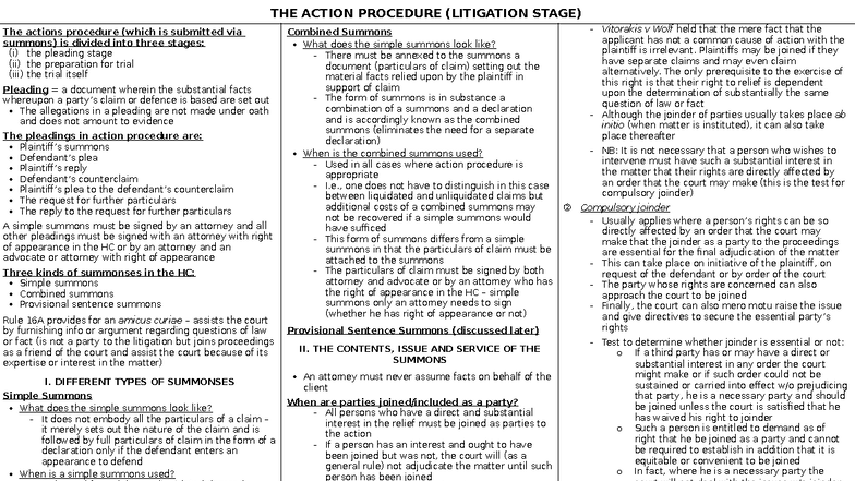 Action Proceedings in the High Court: Stages and Summons Types - Studocu