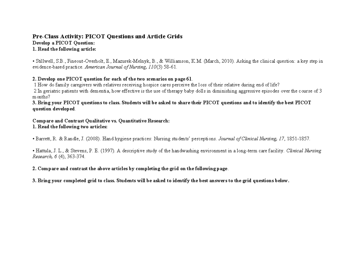 PICOT Questions and Article Grids Activity for EBP SP20 - Studocu