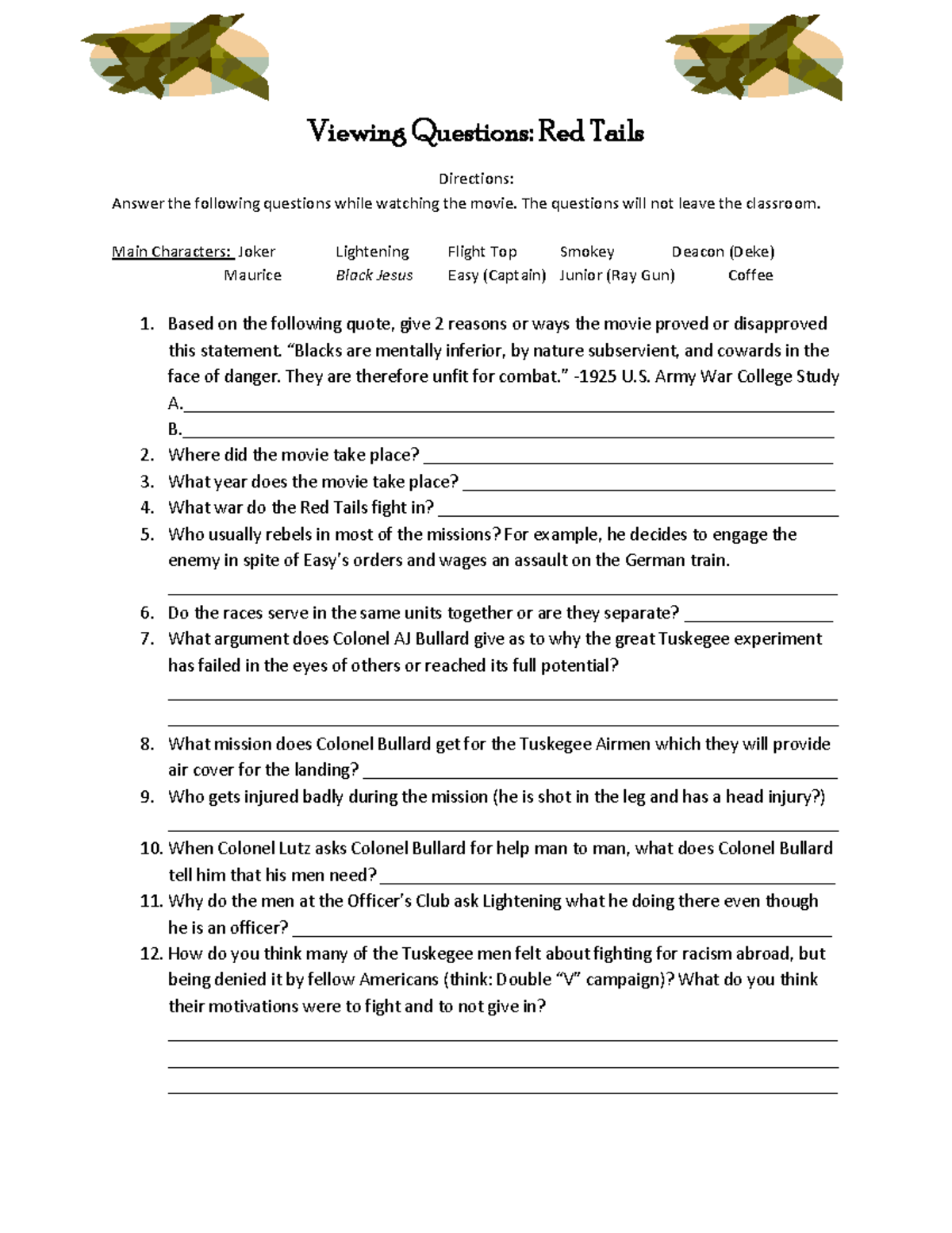 Red Tails Viewing Questions - Movie Analysis Guide - Studocu