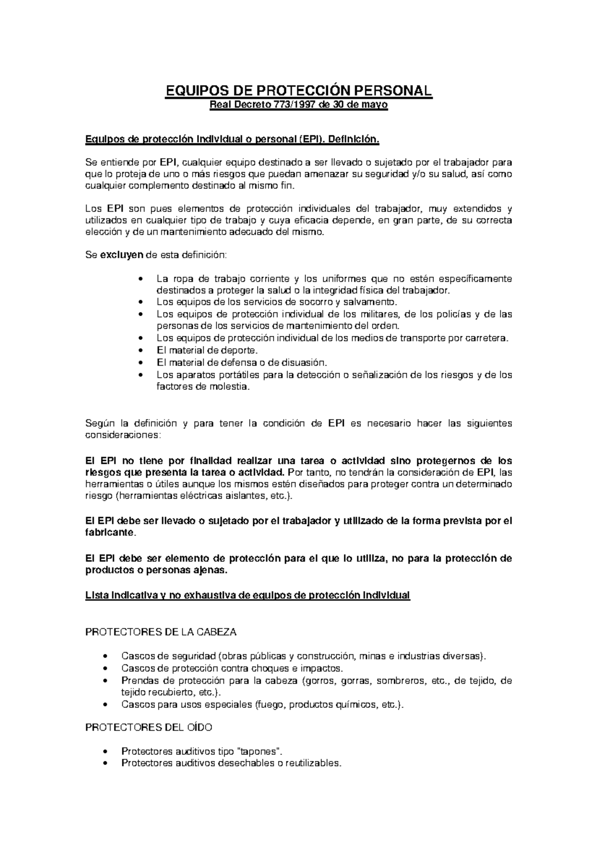 EPP: Equipos de Protección Personal - Material y Normativa - Studocu