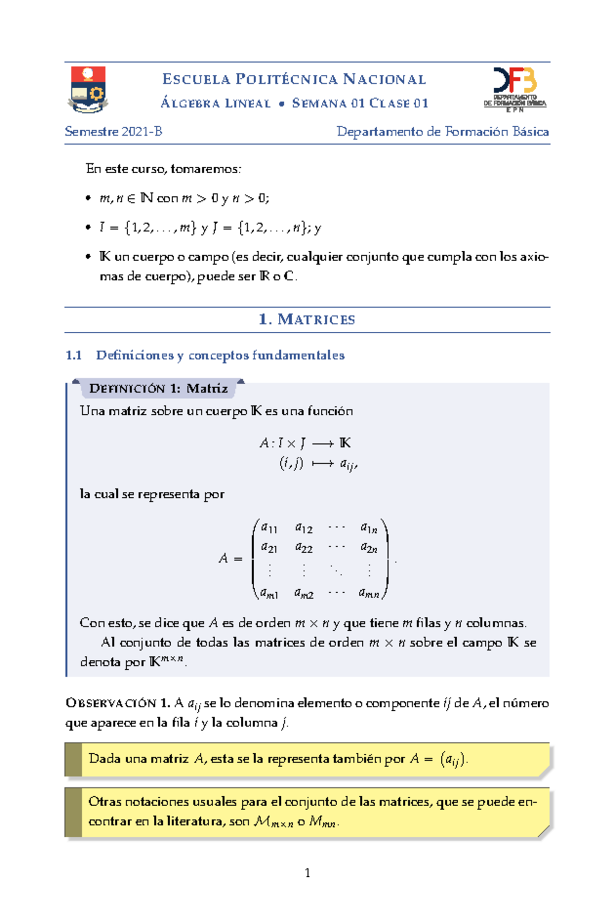 Clase 1 - Materia referente al tema de Matrices - ESCUELA POLITÉCNICA ...