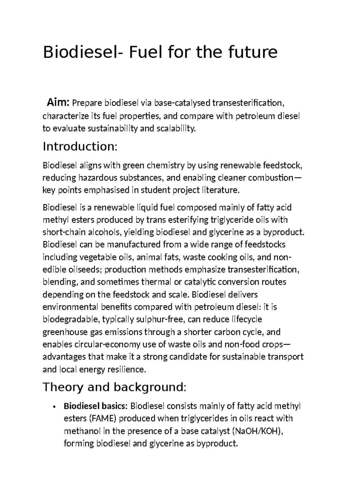 Biodiesel Production & Sustainability Analysis - GUD PROJECT - Studocu