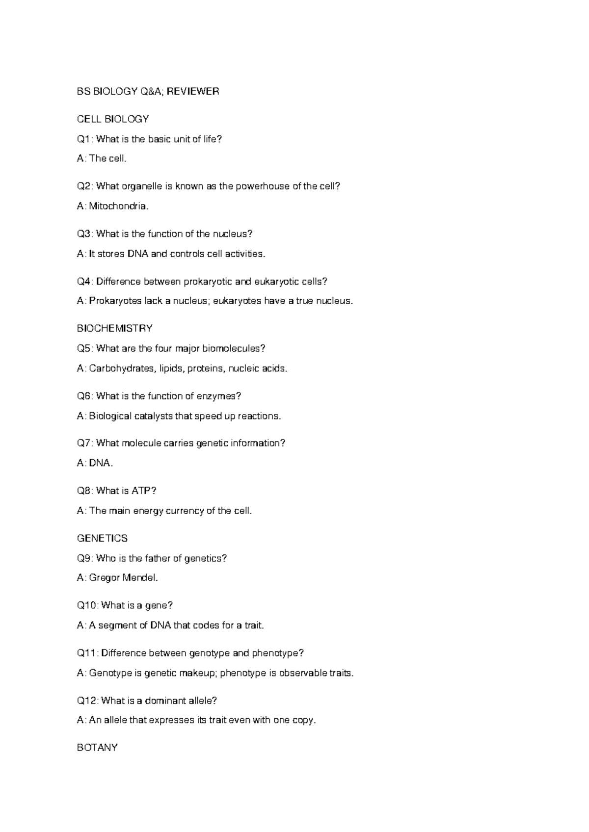 BS BIOLOGY QA REVIEWER: CELL BIOLOGY & MORE - Studocu