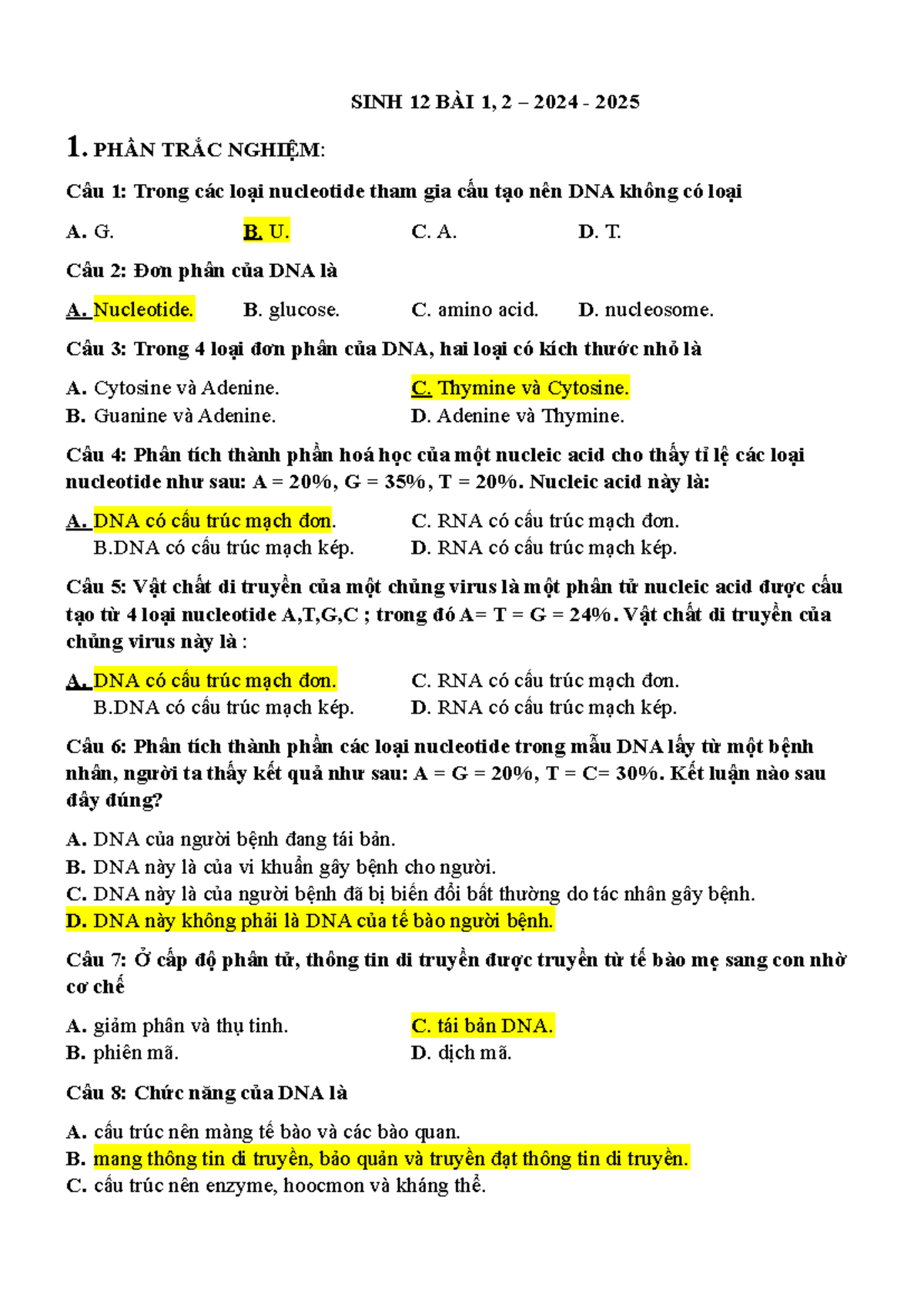 SINH 12 BÀI 2: Trắc Nghiệm DNA và Nucleic Acid 2024-2025 - Studocu