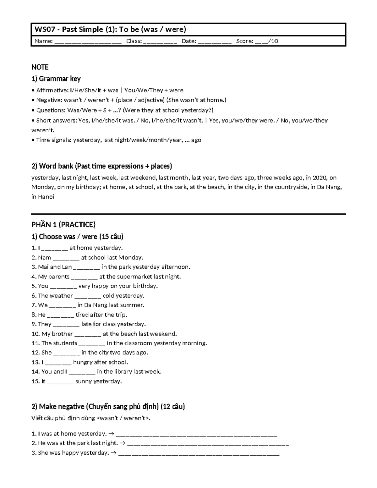 WS07 - Past Simple: To Be (Was/Were) Practice Worksheet - Studocu