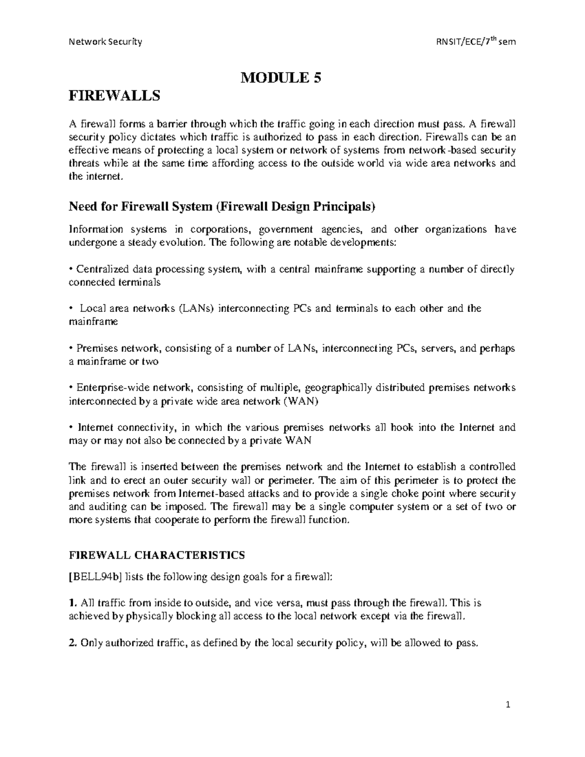 Module 5 - NOTES ON NS - MODULE 5 FIREWALLS A firewall forms a barrier ...