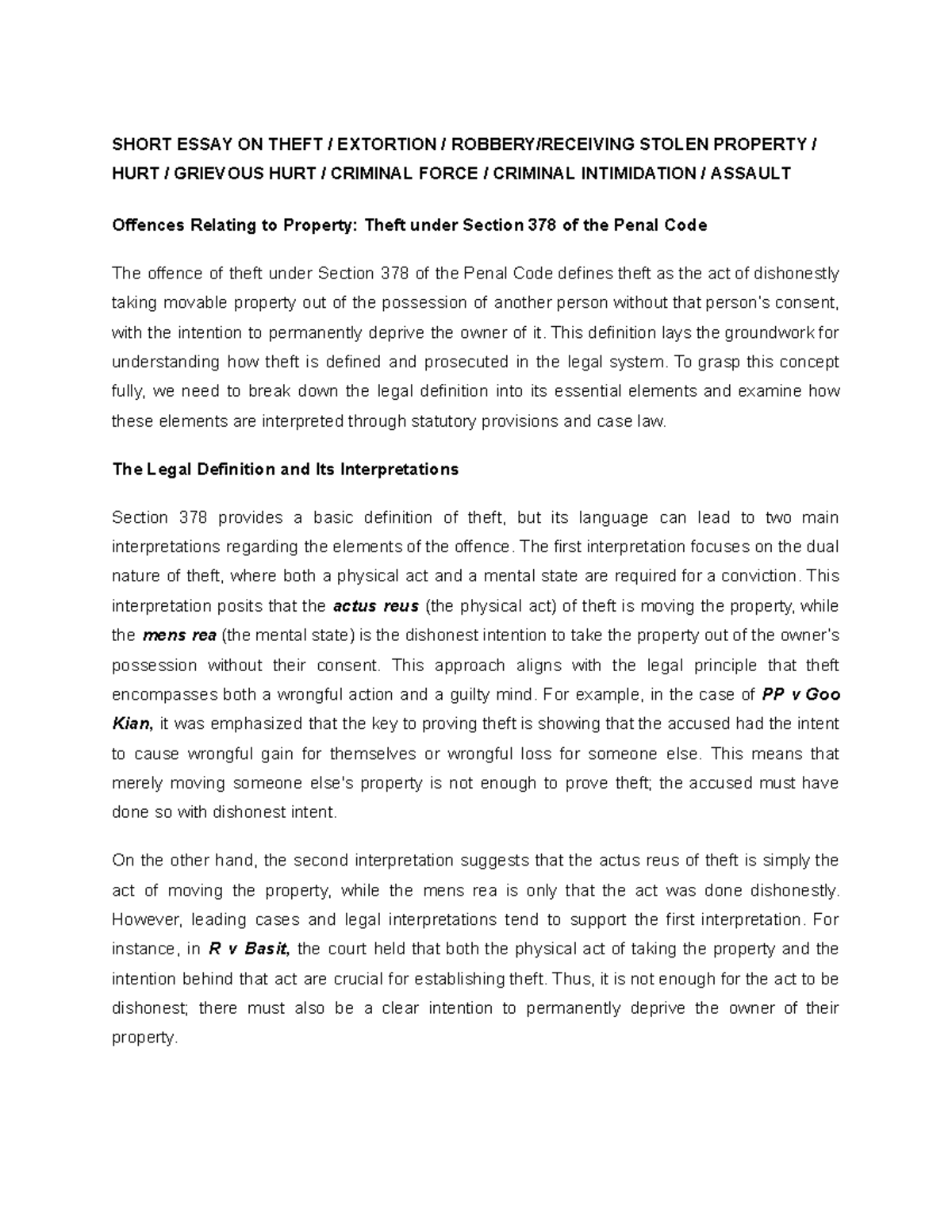 Criminal Law 2: Short Essay on Theft, Extortion, Robbery & Intimidation ...