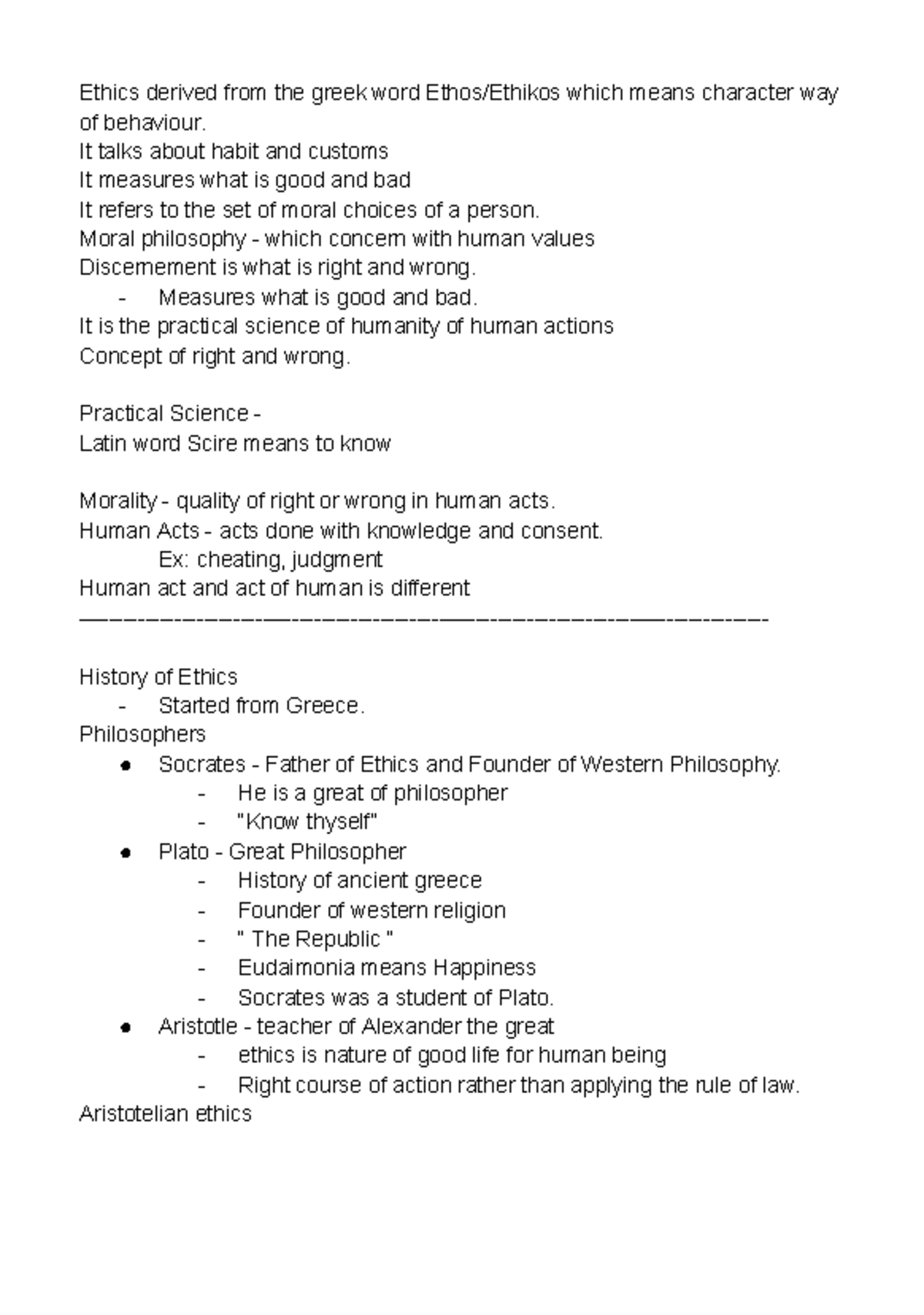 Ethics notes - Ethics derived from the greek word Ethos/Ethikos which ...