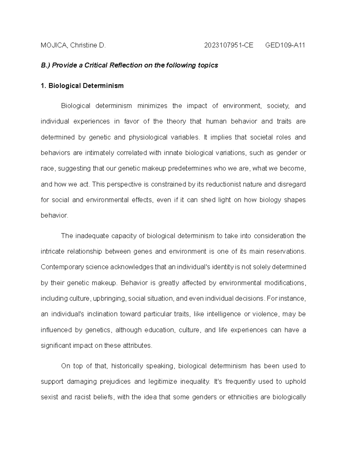 Mojica Module Paper 1: Critical Reflection on Biological Determinism ...