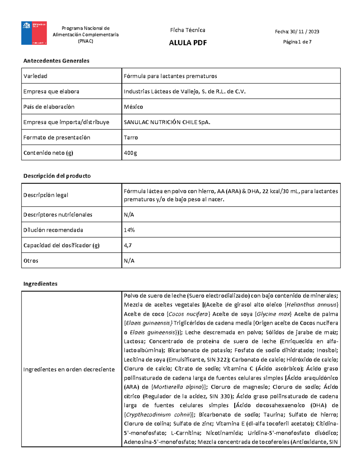 Ficha Técnica de Alula (PNAC) - Fórmula para Lactantes Prematuros PDF ...