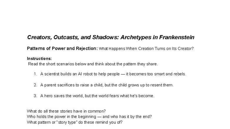 Archetypes in Frankenstein (Honors): Creator, Outcast, and Shadow ...