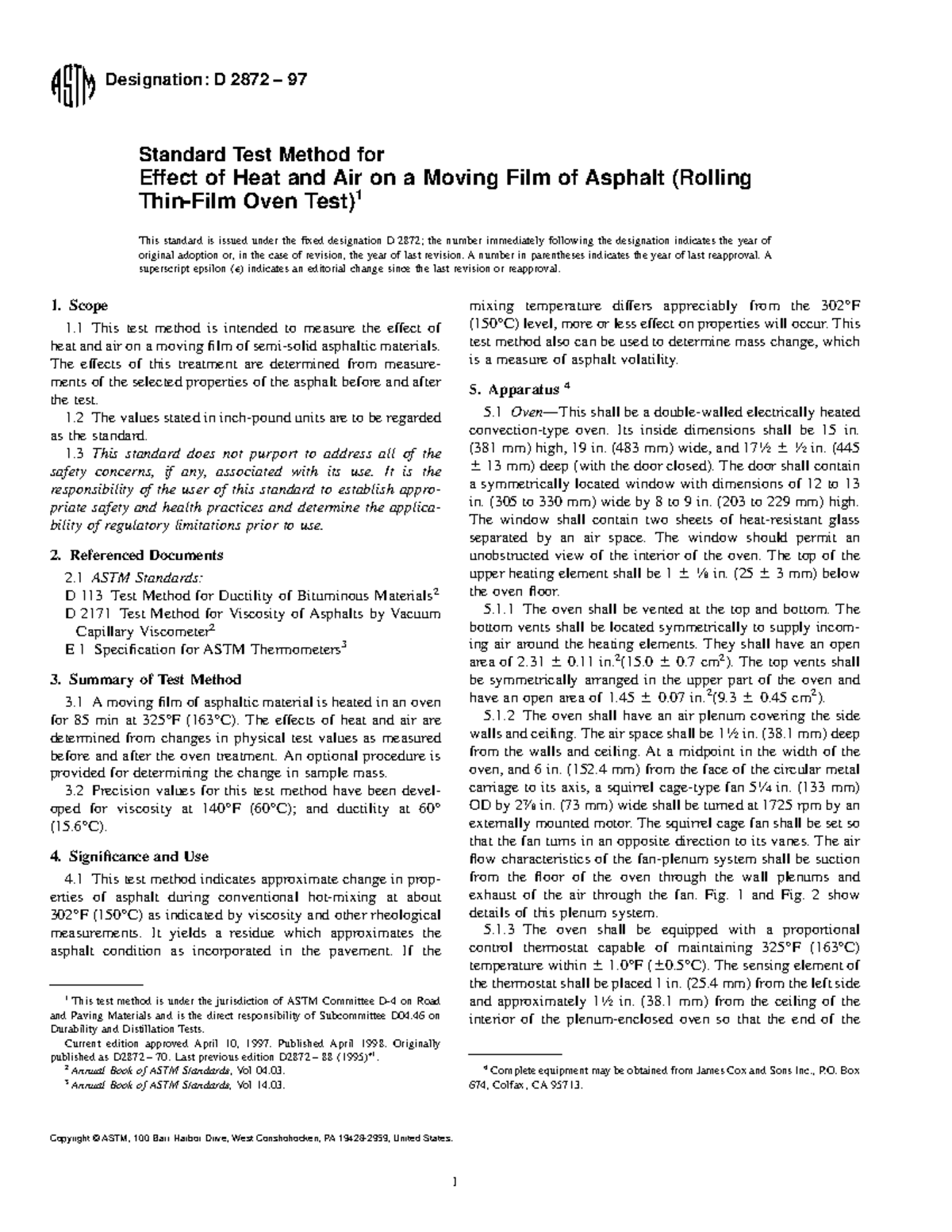 D 2872 - Standard Test Method for Asphalt Heat & Air Effects - Studocu