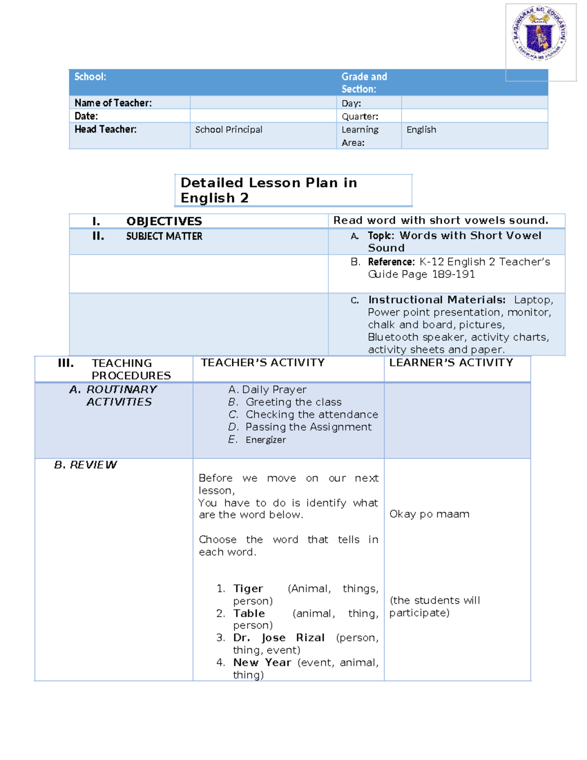 Q4. English 2 Detailed Lesson Plan: Short Vowel Sounds Activities - Studocu
