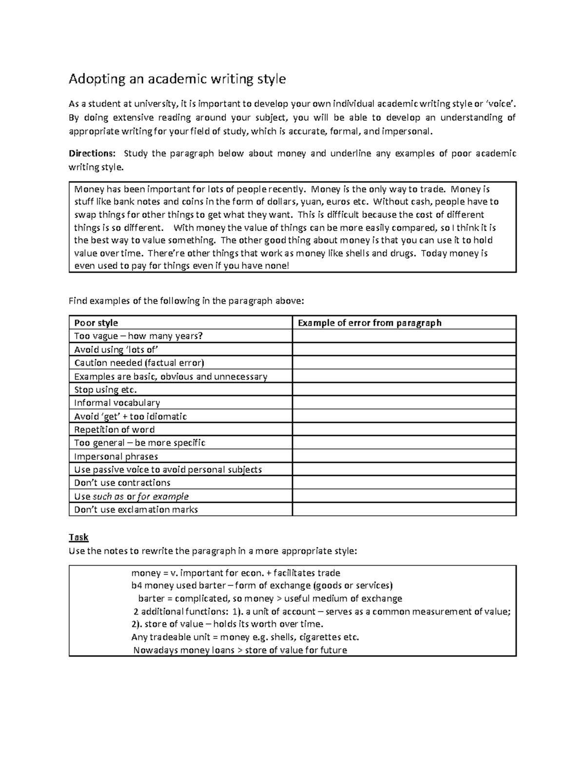 Handout One Supplemenatal - Adopting an academic writing style ...