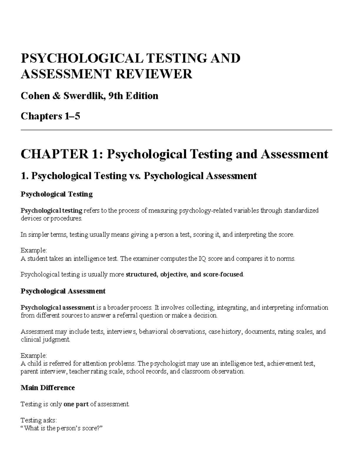 PSY 101: Psychological Testing & Assessment Reviewer - Chapter Insights ...