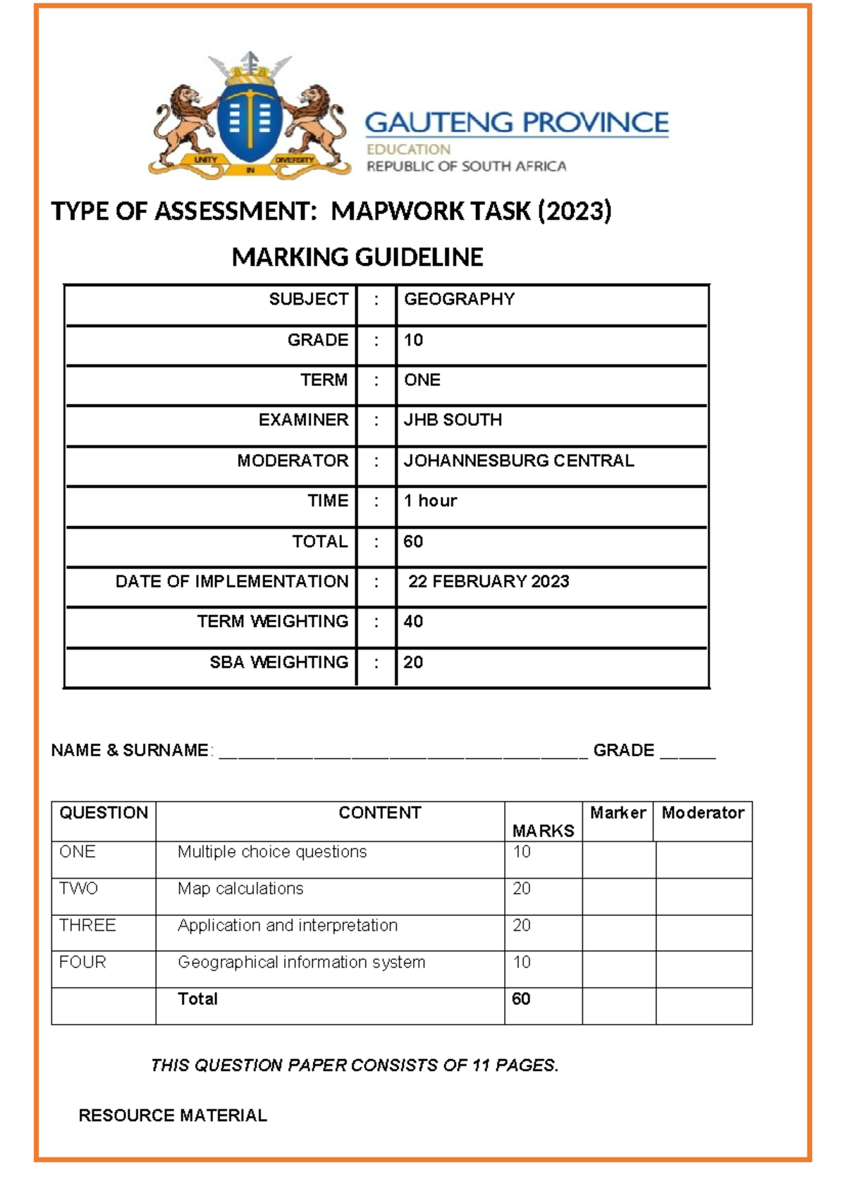 GEOGRAPHY GRADE 10 MAPWORK TASK MARKING GUIDELINE (2023) - Studocu