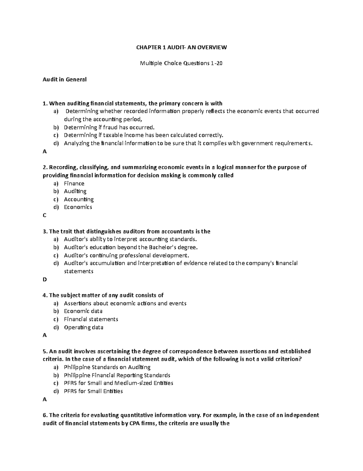Chapter 1 Audit AN Overview Multiple Choice Questions - CHAPTER 1 AUDIT- AN OVERVIEW Multiple ...